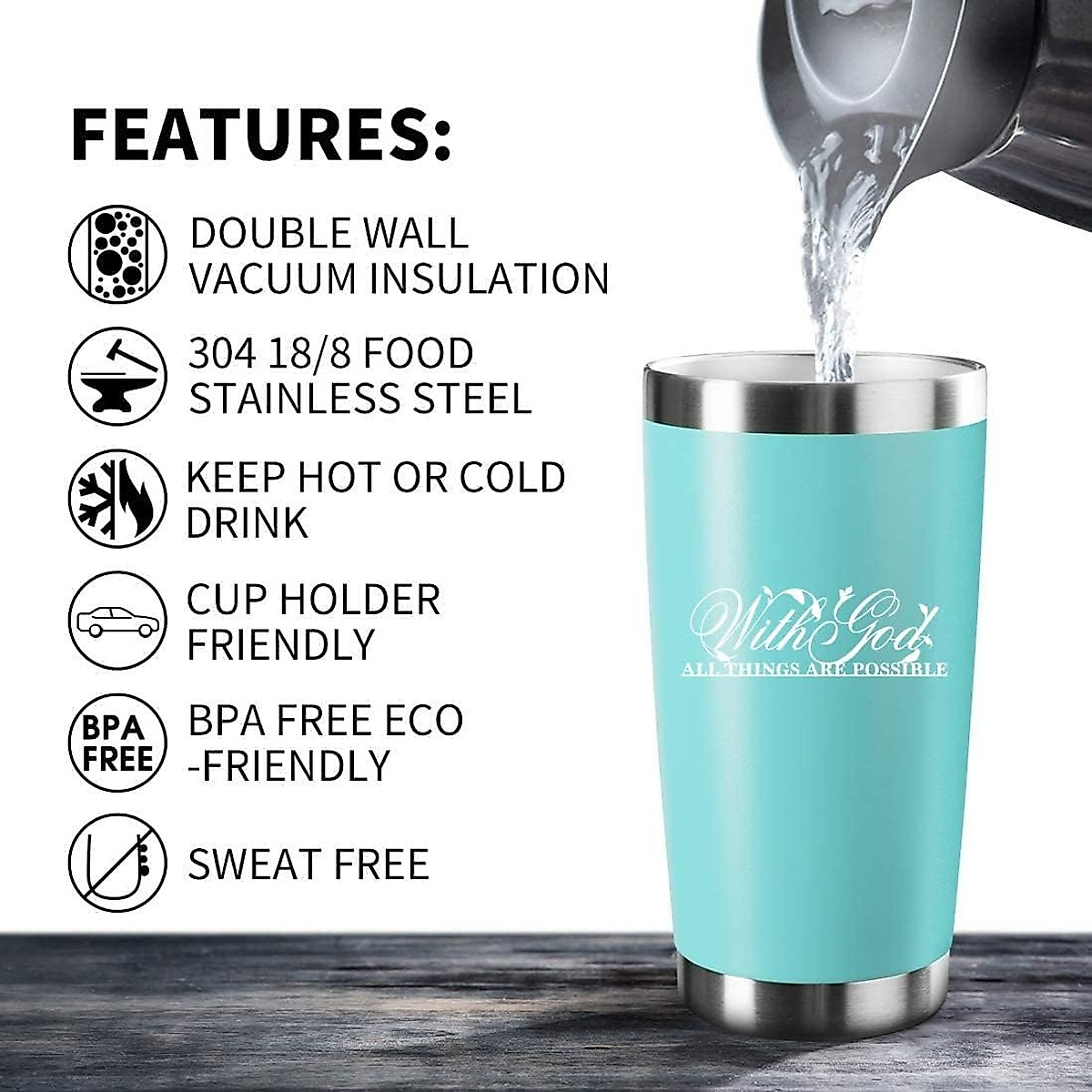 Mothers Day Gifts , With God All Things Are Possible Inspirational Tumblers with Lid & Straw 20 Oz | Insulated Stainless Steel Tumbler Coffee Mug | Best Christian Religious Gifts For Women (Mint)