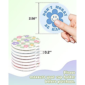 8pcs Danish Pastel Car Coasters 2.56 inches Car Cup Holders Absorbent Ceramics with Finger Notch Drinks Coasters Cork Base Aesthetic Smiling Face Flowers Preppy Boho Cute Car Accessories for Women