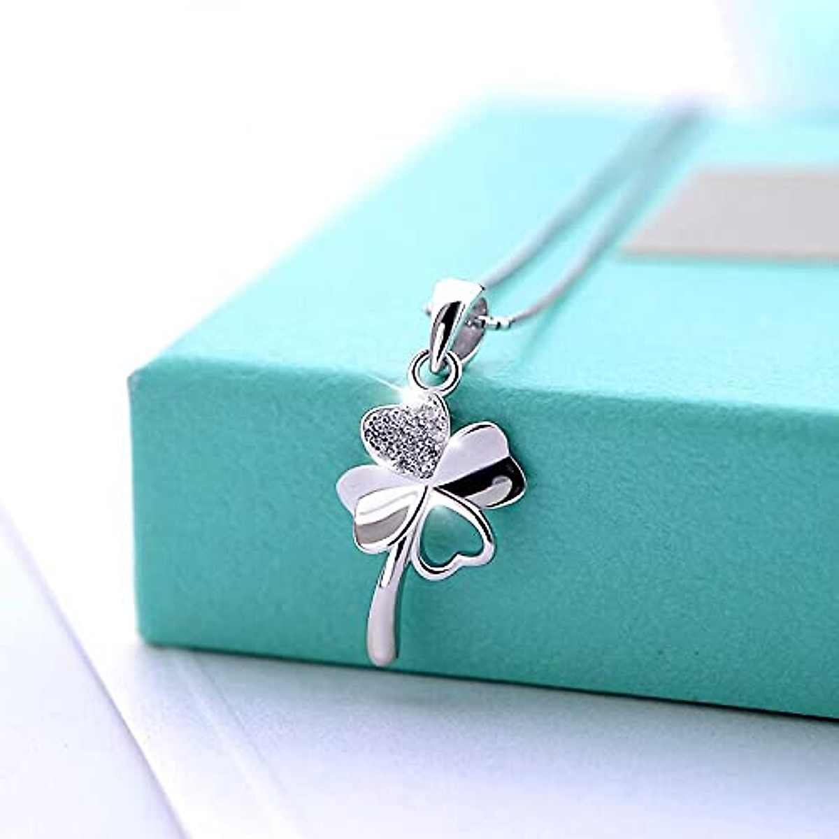 MAJORWARAP Four Leaf Clover Necklace Sterling Silver Shamrock Good Luck Charm Pendant for Women Girl Mom Daughter Birthday Gift