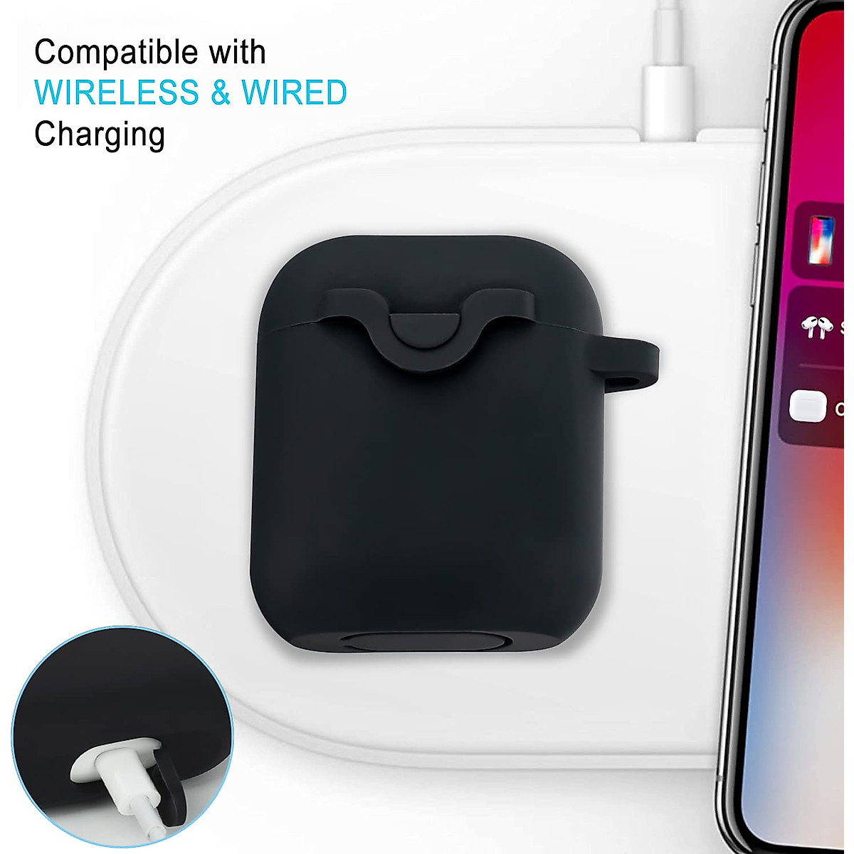 VOTILE Secure Lock Silicone Case Compatible with AirPods Case 1 & 2 with Bling Keychain, Soft Protective Earpod Case Cover Earbuds Cases Women Girls for Apple Air Pod 2 Case - Black