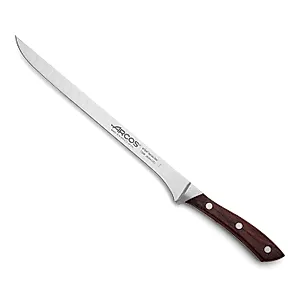 Arcos Forged Slicing Ham Knife 10 inch with 250mm blade. Nitrum Stainless Steel Blade. Professional Kitchen Knife. Rosewood Brown Handle. Rust & Corrosion Resistant. Smooth edge. Natura Series.