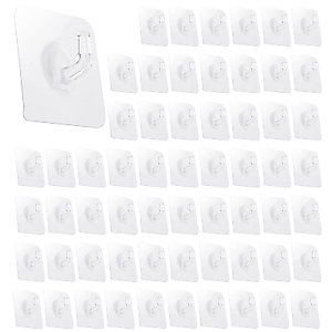 Molain 60Pcs Clear Adhesive Hooks for Hanging, Transparent Reusable Heavy Duty Wall Hooks Small Acrylic Sticky Hangers with Non Marking Sticker for Home Kitchen Bathroom Office Use