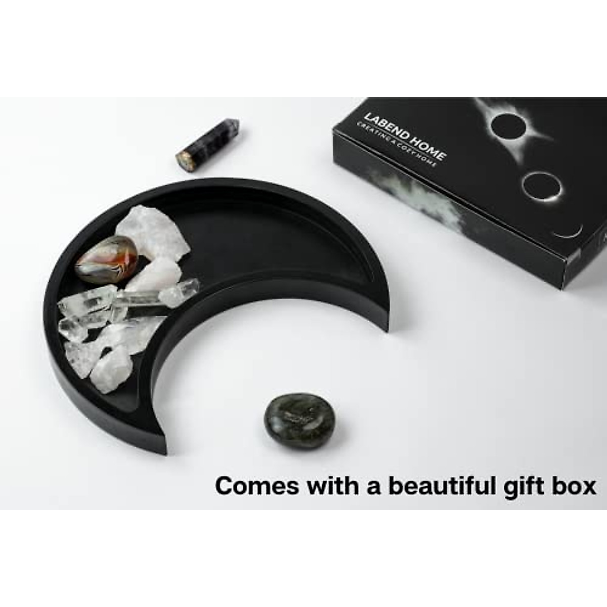 Moon Tray Crystal Holder Display - Black Wooden Crystal Tray for Stones, Healing Crystals Storage and Organizer - Crescent Gothic Witchy Coffin Spiritual Decor - Essential Oil Holder - Jewelry Dish