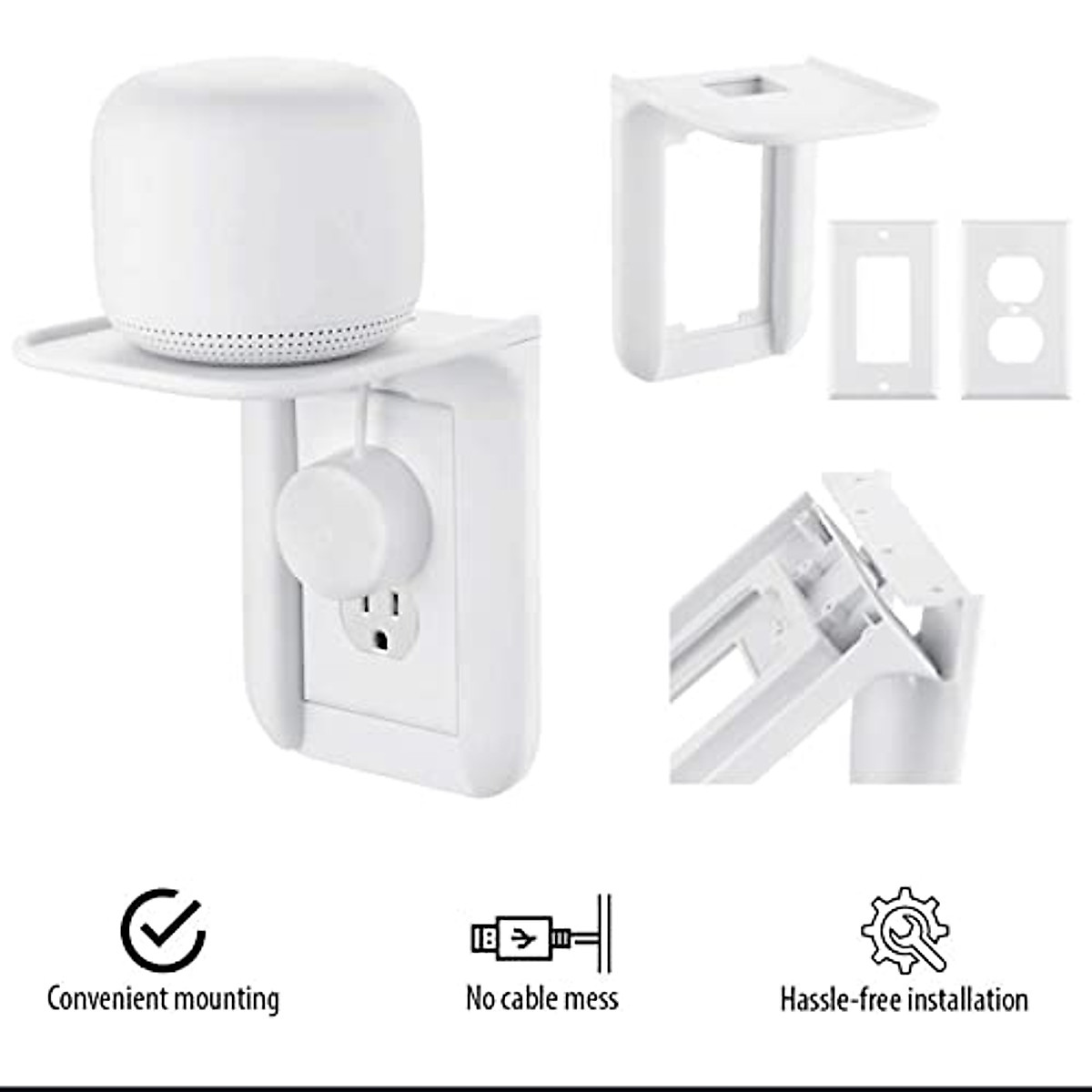 LOUIS FELT 2 Pack Single Wall Outlet Shelf. Home Wall Shelf Organizer for Outlets. Perfect for Bathroom, Kitchen, Bedrooms with Cord Management and Easy Installation - Space Saving Solution. (White)