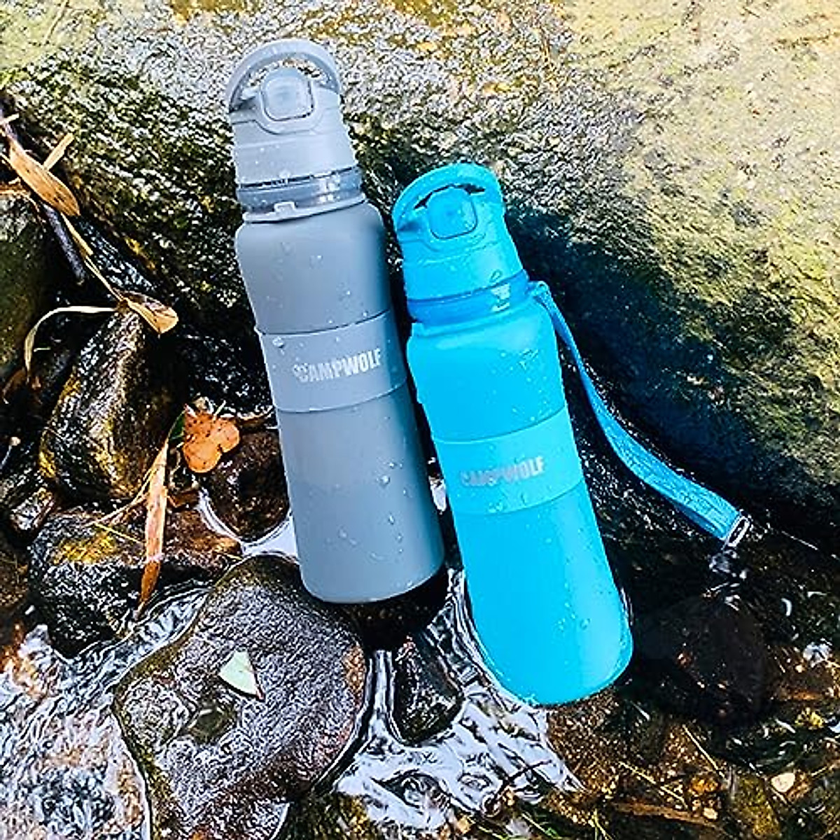 CAMPWOLF Collapsible Water Bottle,Reusable Leakproof Silicone Foldable Water Bottles for Travel Sports Gym Camping Hiking, BPA Free, 22 oz (BLUE)