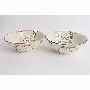 Mino ware Japanese Pair Ramen Noodle Donburi Bowl Smiling Cats Blue & Pink Set made in Japan (Japan Import) MIG001