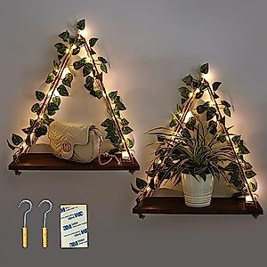 Artificial Ivy LED-Strip Wall Hanging Shelves Set of 2, Hanging Plant Shelf, Macrame Wall Hanging Shelf, Wood Hanging Plant Shelves for Bedroom Bathroom Living Room Kitchen for Wall Decoration