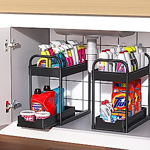 Under Sink Organizers and Storage, Sliding Cabinet Basket Organizer 2 Tier Under Sink Storage Bathroom Trays, Multipurpose Slide Out Bathroom Organizer Countertop, Under Kitchen Bathroom Sink Rack