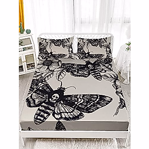 HOSIMA Death Moth Bedding Set for Girls Teen Boy Skull Decor Fitted Sheet Queen Size Halloween Bedding,1 Fitted Sheet+2 Pillowcases.