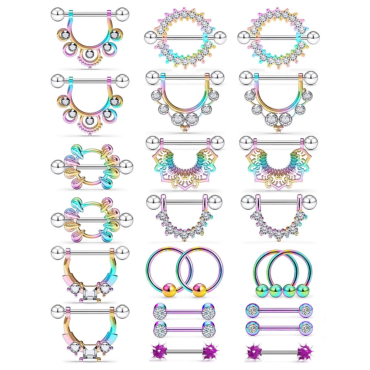 Yaalozei 14G Nipple Rings Piercing Jewelry for Women 316L Stainless Surgical Steel Nipple Tongue Nipplerings ring Bar Barbell Piercing jewelry Stud Hoops Purple Colorful Rainbow Shining Cute 14mm
