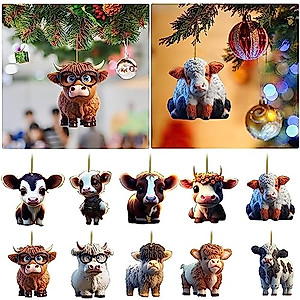 Cartoon Cow Decorative Hanging Ornament for Cars Backpacks Cute Acrylic Highland Cow Pendants Christmas Tree Decorations (Non-3D 10pcs cows, 8.5cm/3.35inch)