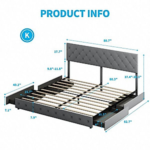 Mjkone Upholstered Bed Frame with 4 Storage Drawers, PU Leather King Size Platform Bed Frames with Adjustable Headboard, No Box Spring Needed/Easy Assembly/No Mattress (King, Dark Grey)