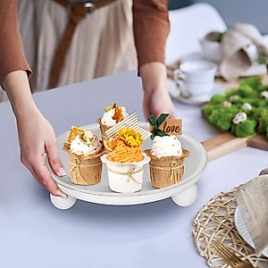 SOWA Farmhouse Round Wood Tray with Risers for Display, Wooden Decorative Tray for Kitchen Decor, Pedestal Stand for Countertop, for Soap Dish on Risers, Footed Rustic Cake Stand