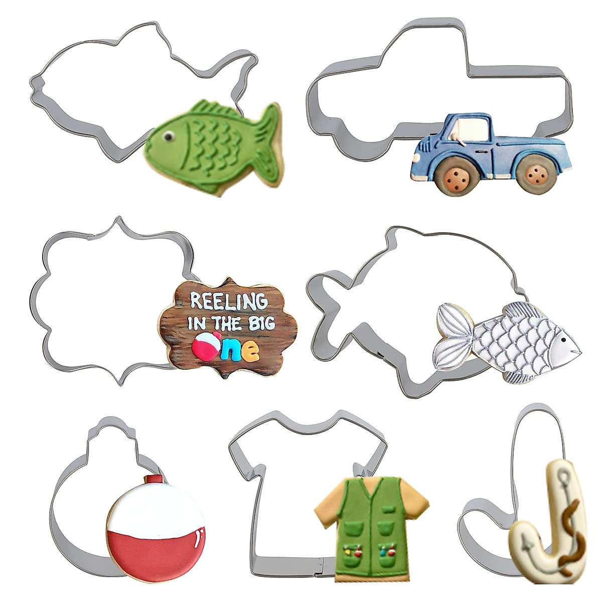 Gone Fishing Cookie Cutter Set with Stainless Steel Sports Jersey, Fish, Candy Cane, Fishing Bobber for Fisherman Fishing Themed Party Supplies