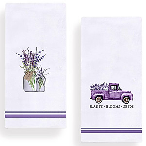 Watercolor Lavender Vase Kitchen Dish Towel 18 x 28 Inch, Seasonal Summer Lavender Truck Towels Dish Cloth for Cooking Baking Set of 2