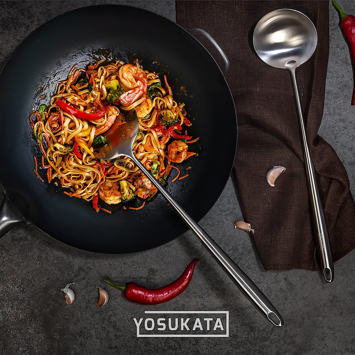 YOSUKATA Carbon Steel Wok Pan - 14 “ Woks and Stir Fry Pans With Wok Lid 13.6 Inch - Premium Stainless Wok Cover with Tempered Glass Insert Steam Holes +17’’ Wok Spatula and Ladle