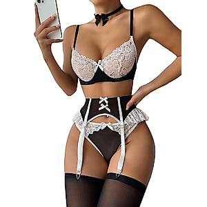 WDIRARA Women's 6 Piece Set Floral Lace Bow Front Colorblock Underwire Garter Lingerie Set with Choker with Stocking Black and White L