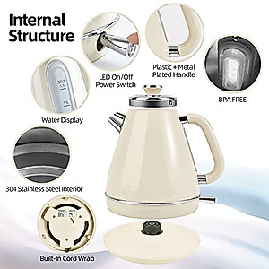 Pateyney Electric Kettle,Tea kettle,1.7 Litre retro style kettle,Kitchen Countertop Coffee Tea Hot Water Kettle,Double Wall 304 Stainless Steel BPA Free Hot Water Boiler,Auto Shut-Off and Boil-Dry Protection (Cream)