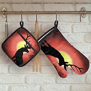 Night Deer Oven Mitts and Pot Holders Sets of 2 Heat Resistant Non-Slip Kitchen Gloves Hot Pads with Inner Cotton Layer for Cooking BBQ Baking Grilling