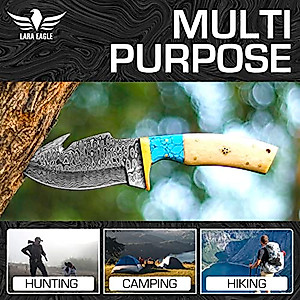 Lara Eagle Damascus Skinner Gut hook Knife, Damascus Handmade Fixed Blade Hunting Knife With Camel Bone and Turquoise Handle, Full Tang Handmade Viking Knife For Men, Best for Hunting/Camping.