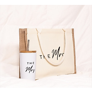 BACHES TO BRIDES The Mrs Tumbler & Tote Bag Gift Set- Stainless Steel Wine Tumbler with Lid & Straw- Travel Mug & Tote Bag for Women Perfect for Bride Gifts, Wedding & Engagements