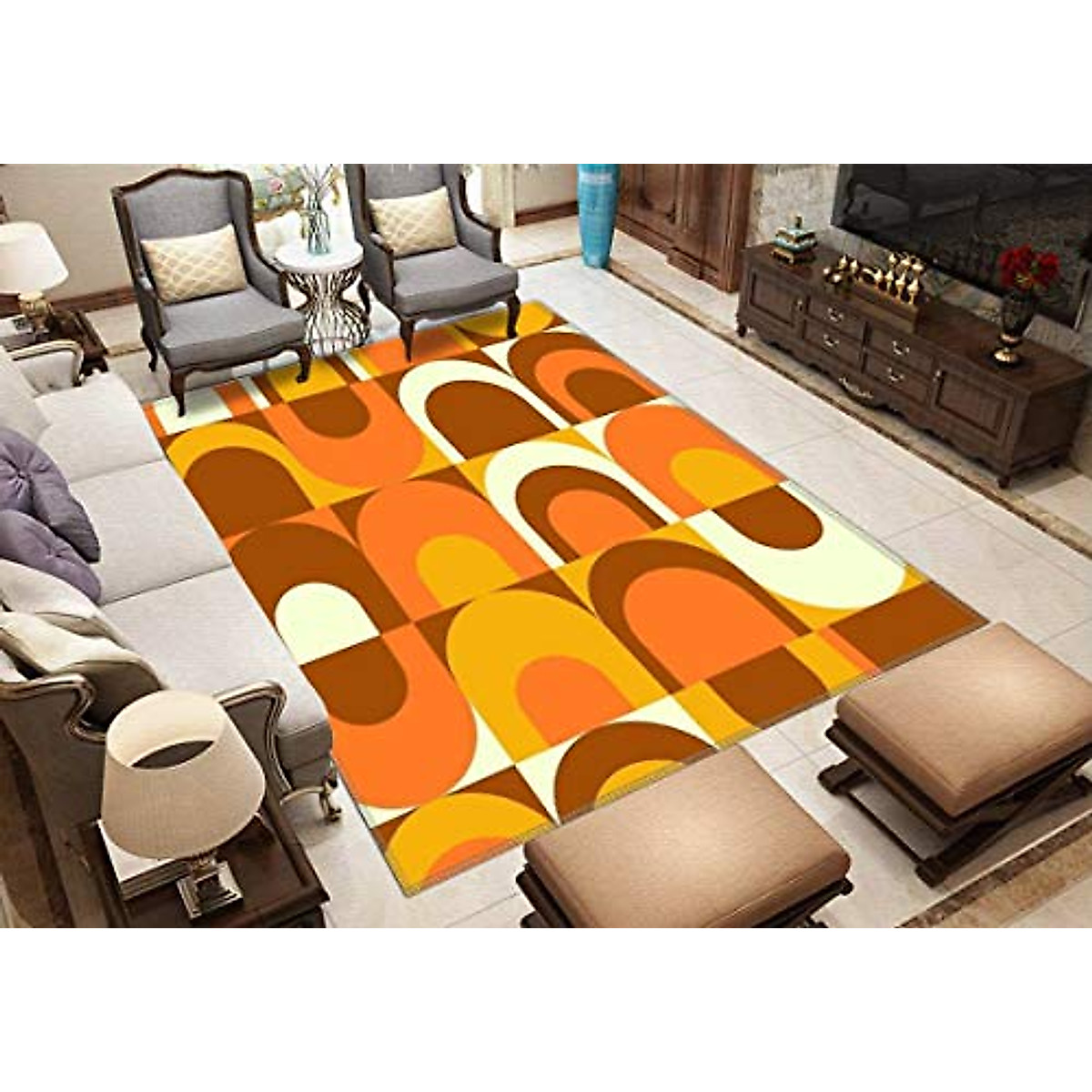 Orange Retro Industrial 70s Pattern Area Rugs Non-Slip Floor Mat Doormats Home Runner Rug Carpet for Bedroom Indoor Outdoor Kids Play Mat Nursery Throw Rugs Yoga Mat