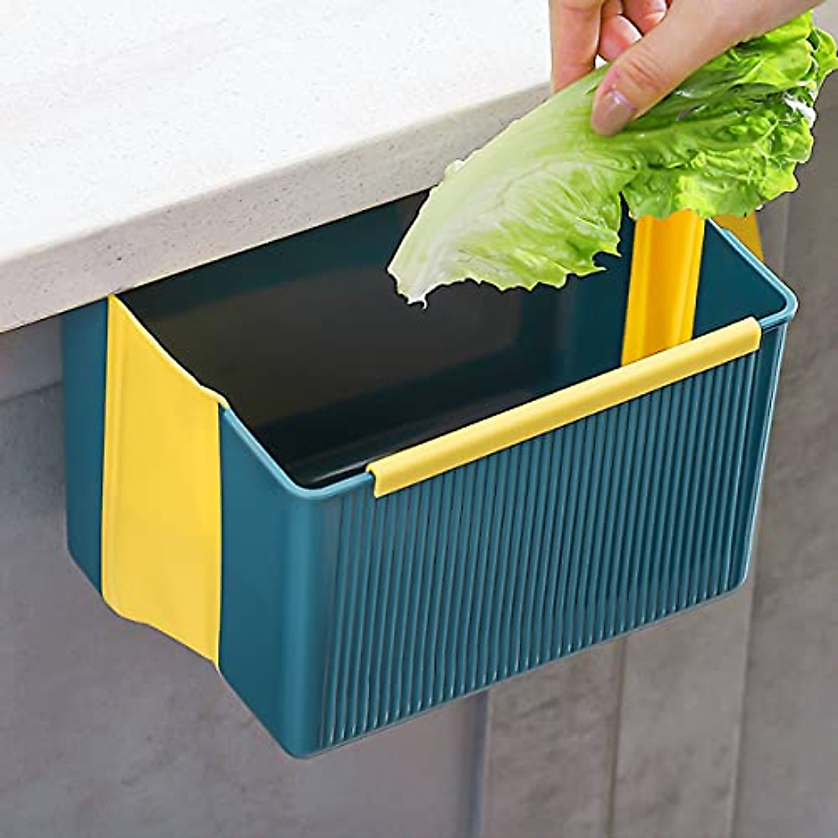 Small Hanging Kitchen Trash Can,Wall Mounted Collapsible Garbage Bin Foldable Mini Garbage Can Plastic Waste Bin Compact Portable Trash Can for Cabinet Office Bedroom Bathroom Kitchen Car (B-Blue)