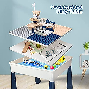 GobiDex 7 in 1 Multi Kids Activity Table Set with 2 Chairs and 100 Pcs Large Size Blocks Compatible with Classic Blocks.Water Table,Sand Table and Building Blocks Table for Toddlers Activity