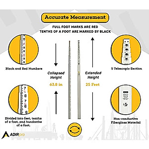 AdirPro 25-Foot Fiberglass Grade Rod – 10ths, 6-Section Telescoping Rectangular Leveling Rod – Non Glare and Corrosion Resistant – Heavy Duty Carrying Case Included