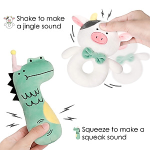 TILLYOU Plush Rattle Toys for Baby Set of 4 - Soft Plush Stuffed Animal Rattle for Newborns, Rattle Shaker Set for Infants, Gifts for Girls Boys, Shaker & Teether Toys for 3 6 9 12 Months