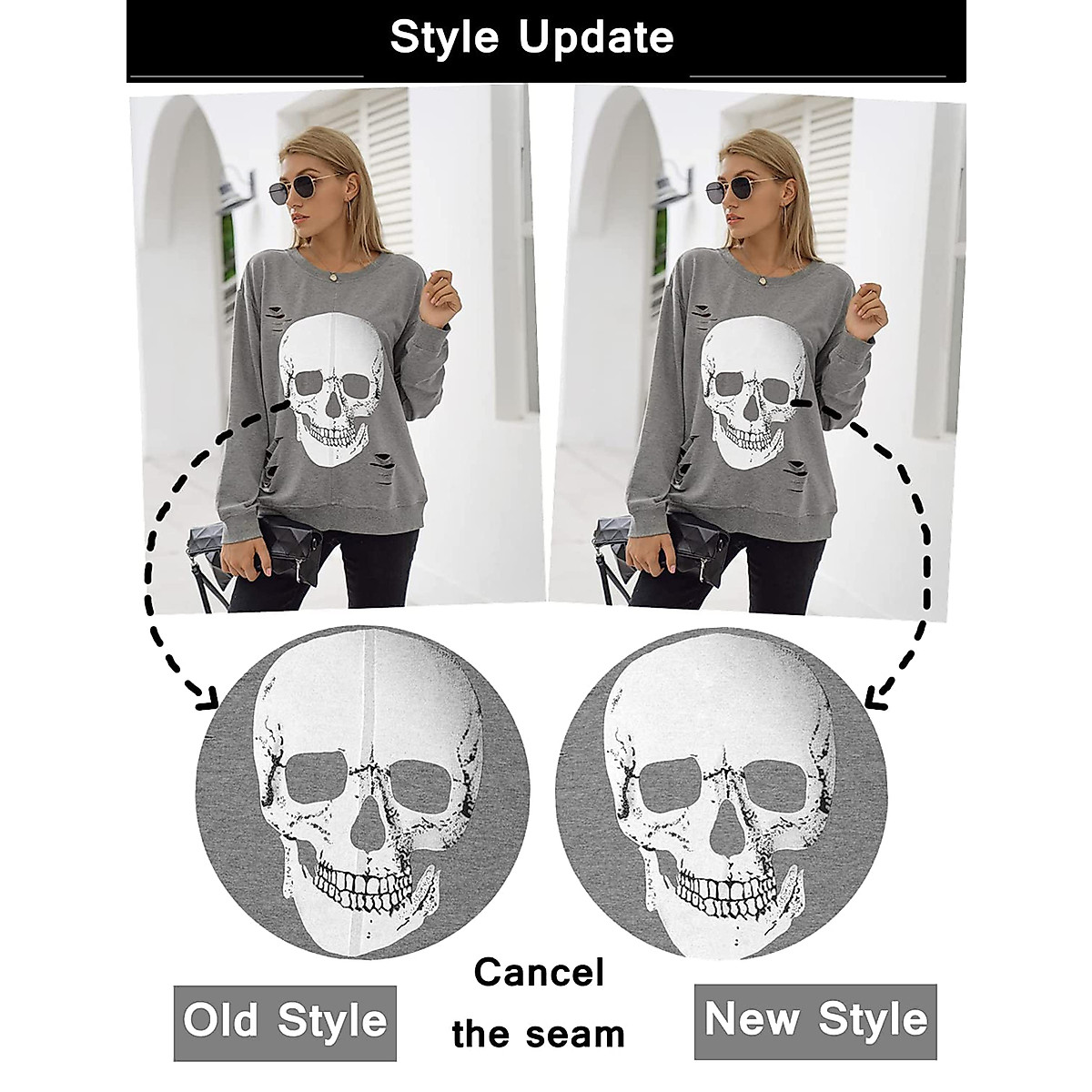 Blooming Jelly Women's Halloween Sweatshirts Skull Graphic T Shirts Long Sleeve Skeleton Shirt Gothic Fall Outfits 2024 (Medium, Grey)