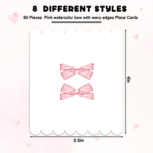 Whaline 80Pcs Pink Bow Place Cards 2 x 3.5 Inch Watercolor Tented Cards 8 Designs Blank Seat Assignment Card for Party Table Setting Supplies