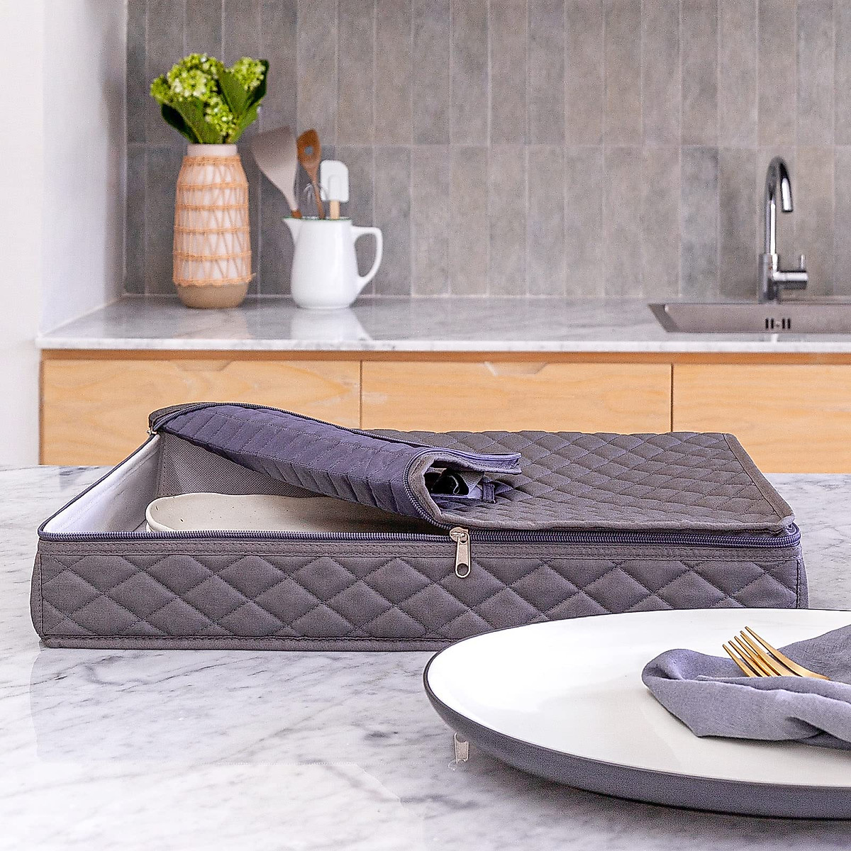 Bulb & Shade Large Platter Storage Case 19" x 14" - China Storage Container - Quilted, Hard Shell - Holds 2 Platters - Perfect Storage For Thanksgiving and Christmas Platters