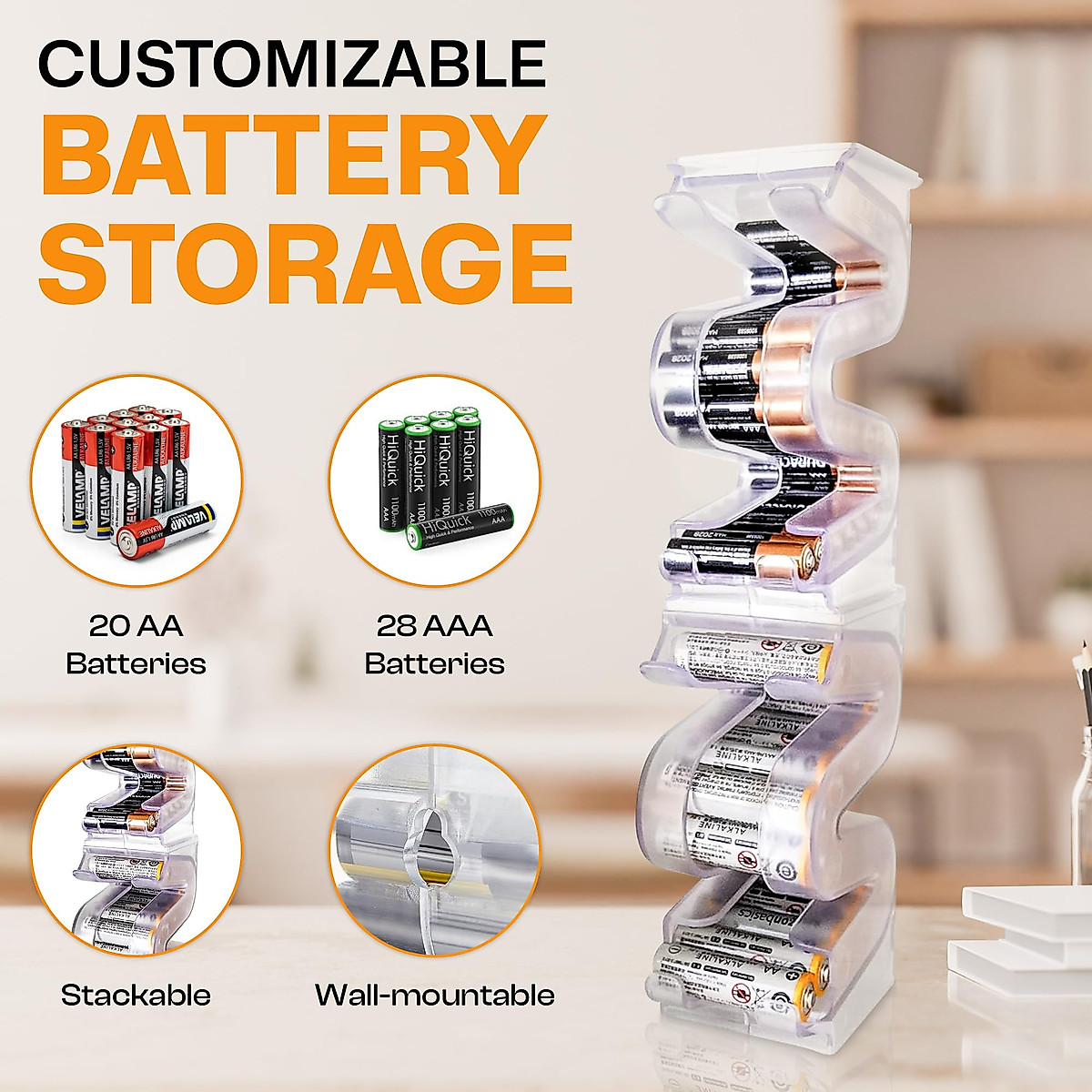 Kalinar Battery Ladder™ for 20 AA & 28 AAA Batteries | Vertical Storage Case & Dispenser | Stackable Expandable Wall Mount Holder Combo (AA & AAA, 2 Pack)