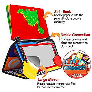 Tummy Time Baby Mirror Infant Toys Newborn Toys 0 3 Months Brain Development with Crinkle Cloth Book and Teether Black and White High Contrast Baby Toys 4 6 9 12 Month Boys Girls Crawling Sensory Toy