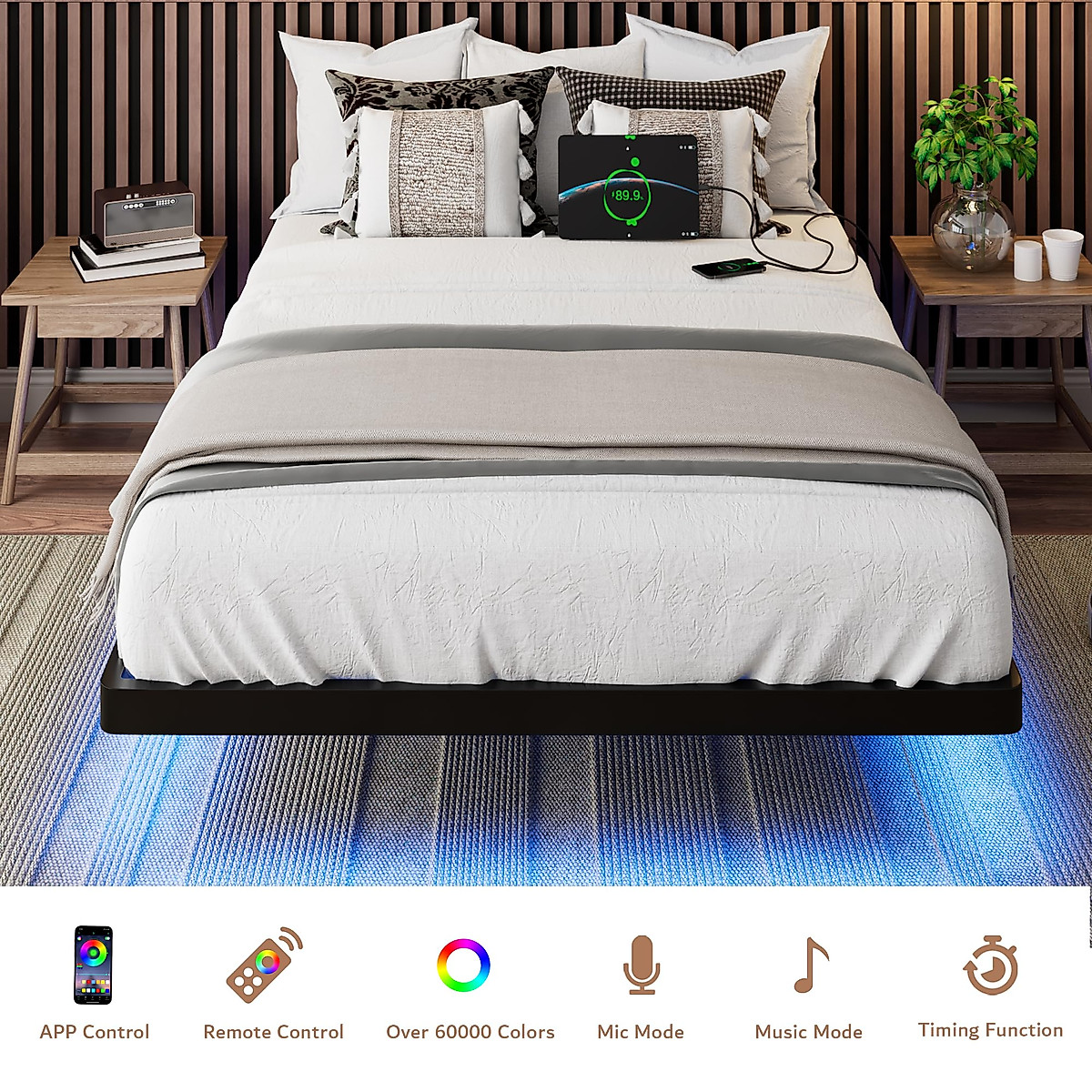 iPormis Twin Size Floating Bed Frame with Charging Station and Led Light, Metal Platform Bed Frame with Heavy Duty Steel Slats Support, No Box Spring Needed, Noise-Free, Easy Assembly, Black