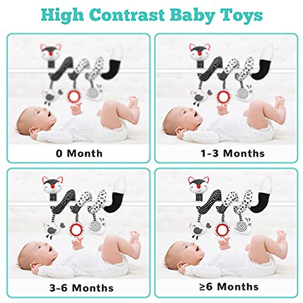 Car Seat Toys Baby Toys 0-3 Months Infant Toys Spiral Stroller Toys, Newborn Toys Black and White Baby Toys, High Contrast Baby Toys for Crib Mobile, Baby Toys Gift for 0 3 6 9 12 Months Girls Boys