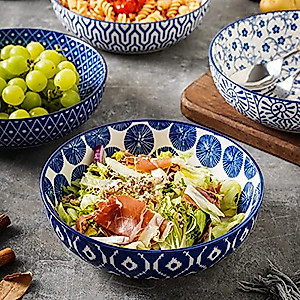 Selamica Ceramic 30 Ounce Large Pasta Bowls 8 inch Serving Bowls Wide and Shallow Microwave Dishwasher Safe Bowls Set of 4, Vintage Blue