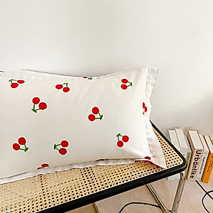 BlueBlue Cherry Kids Duvet Cover Set Queen 100% Cotton Bedding for Boys Girls Teens Cartoon Red Cherries Pattern on White 1 Cute Fruit Full Comforter Cover 2 Pillow Shams (Queen)