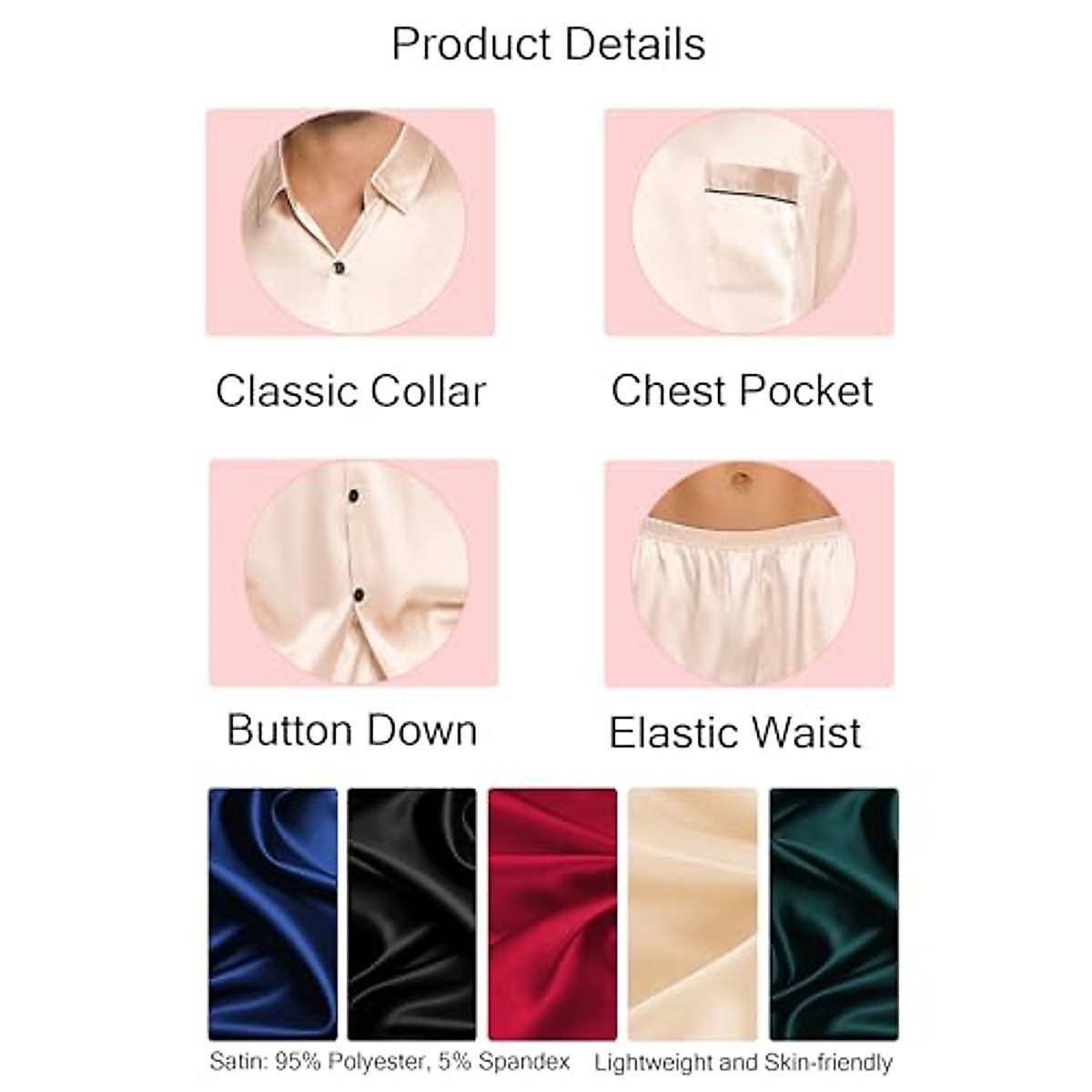 SWOMOG Mens Silky Satin Pajamas Set Short Sleeve Pjs Button Down Sleepwear Top & Long Pants Red XX-Large