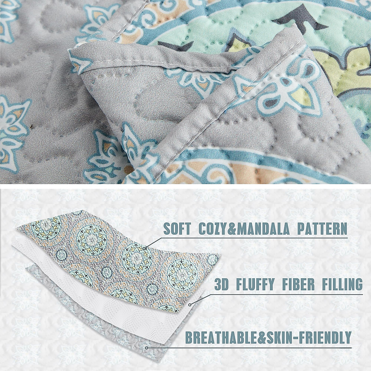 CHIXIN Boho Quilt King Size - Bohemian Chic Medallion Design - Lightweight Bedspread Coverlet Set, Ultrasonic Quilting Mandala Bedding Cover for All Season, 3 Piece, Aqua Blue