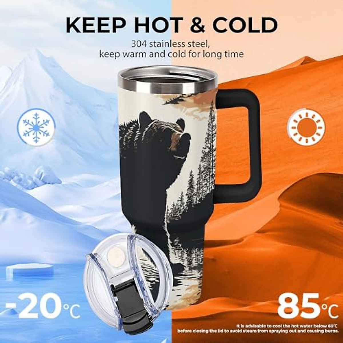 LLUTSNTH 40 Oz Vacuum Tumbler with Black Handle Leakproof Insulated Tumbler Bear Silhouette Stainless Steel Travel Mug with Lid And Straw Coffee Cup Cute Water Bottles Cup Holder Friendly