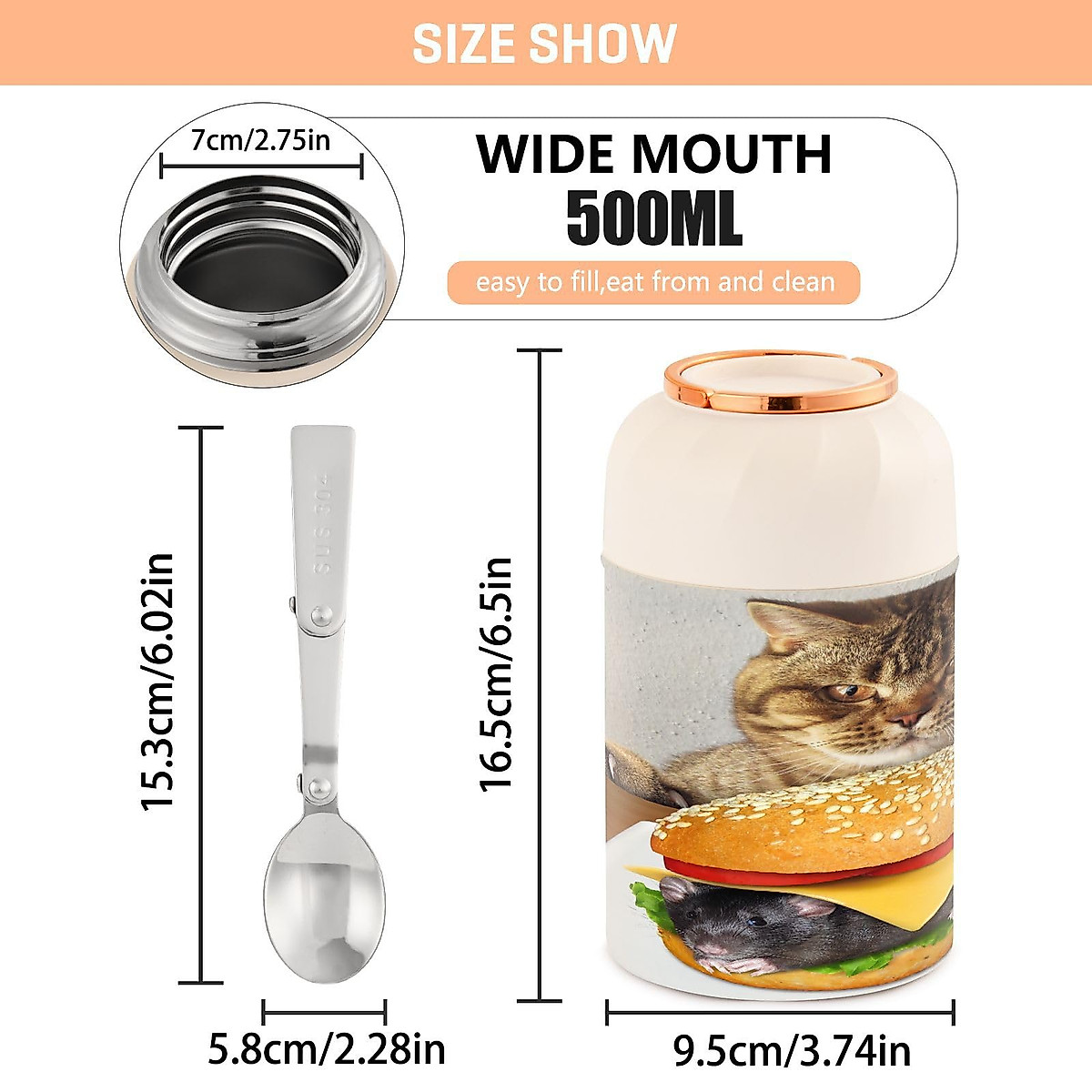 CUPADA Cat Lunch Funny Food Jar, Mouse Burger Insulated Hot Food Jars Vacuum 17OZ with Folding Spoon for Work Trip Picnic Camping