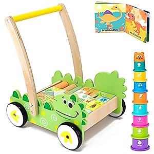 Pidoko Kids Wooden Baby Walker - Toys for 1 Year Old Boy Girl - Push Walker Toy for Babies - Includes Dinosaur Cart, 36 Pcs Building Blocks, Stacking Cups and Book - Learning Walker for Toddlers Gifts