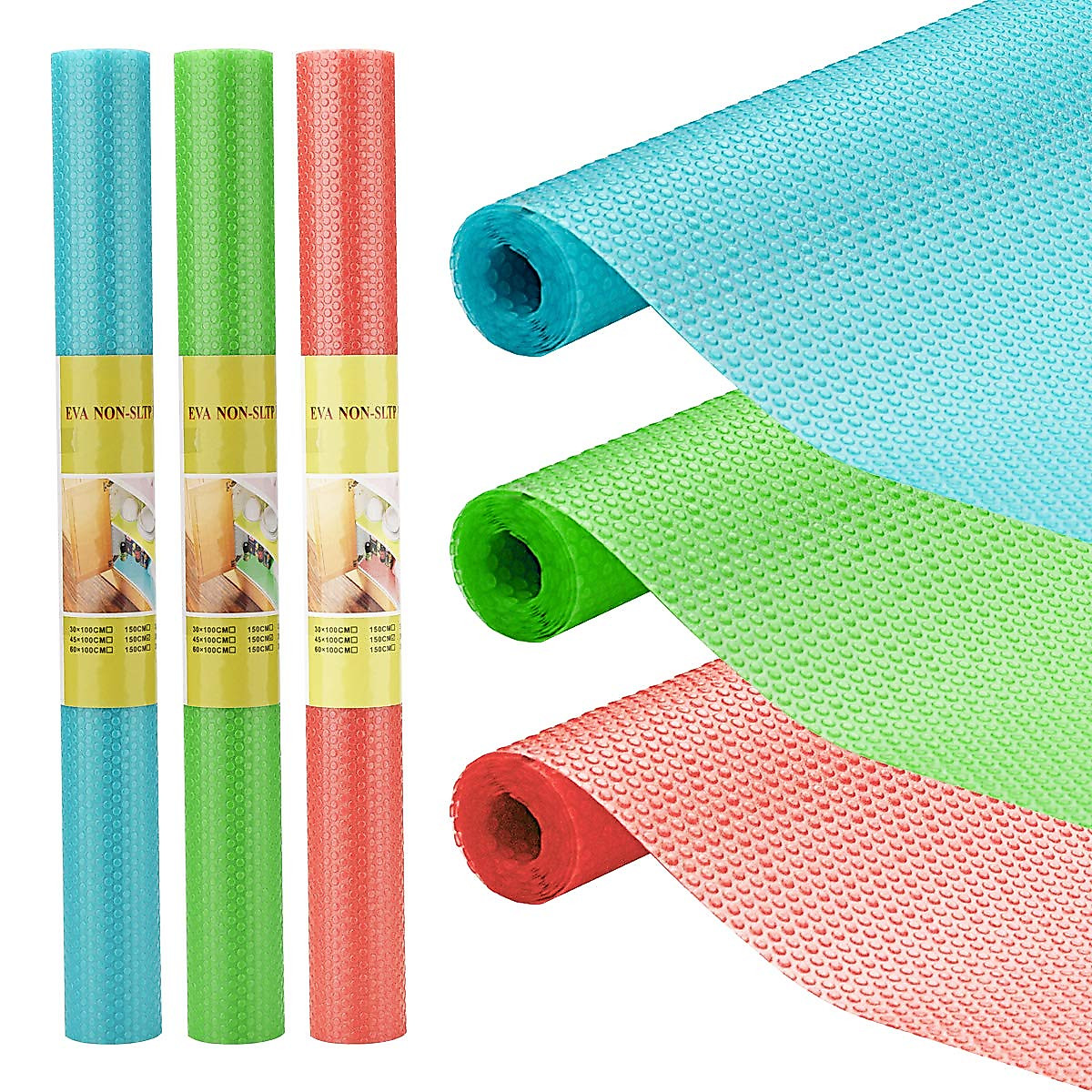 Cabinet Shelf Drawer Liner, 3 Rolls Refrigerator Pad EVA Mat Non-Adhesive Water-proof Non-Slip for Drawers, Shelves, Cabinets, Storage, Kitchen, Fridge - Washable, Durable, Strong (17.7"×59"×3)