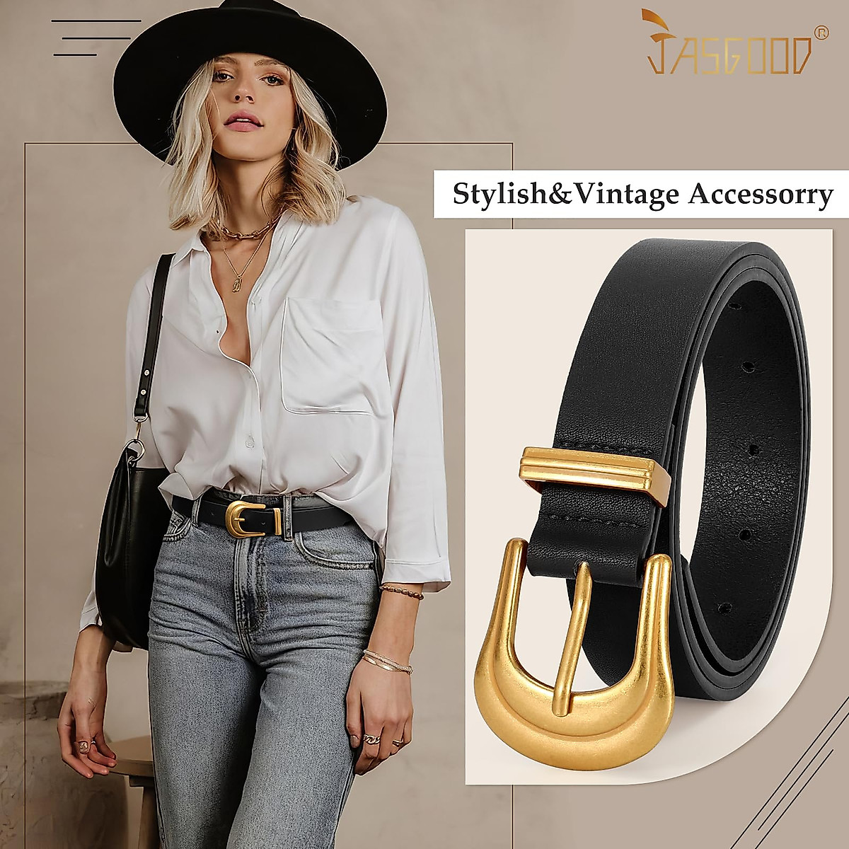 JASGOOD Women's Western Belt Vintage Black Leather Waist Belt for Pants Jeans with Gold Buckle