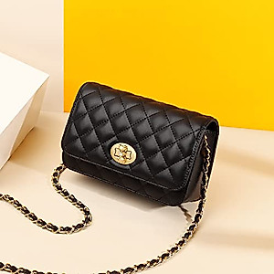 FOXLOVER Women’s Mini Crossbody Bags Purses Quilted Chain Shoulder Bag for Women Real Leather Casual Handbag (Black)
