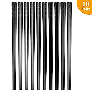 Kirecoo 10 Pairs Fiberglass Chopsticks Reusable, Non-Slip Chopsticks, Japanese Style Chopstick, Black Chop Sticks Pack Reusable Dishwasher Safe, 9 1/2 Inches