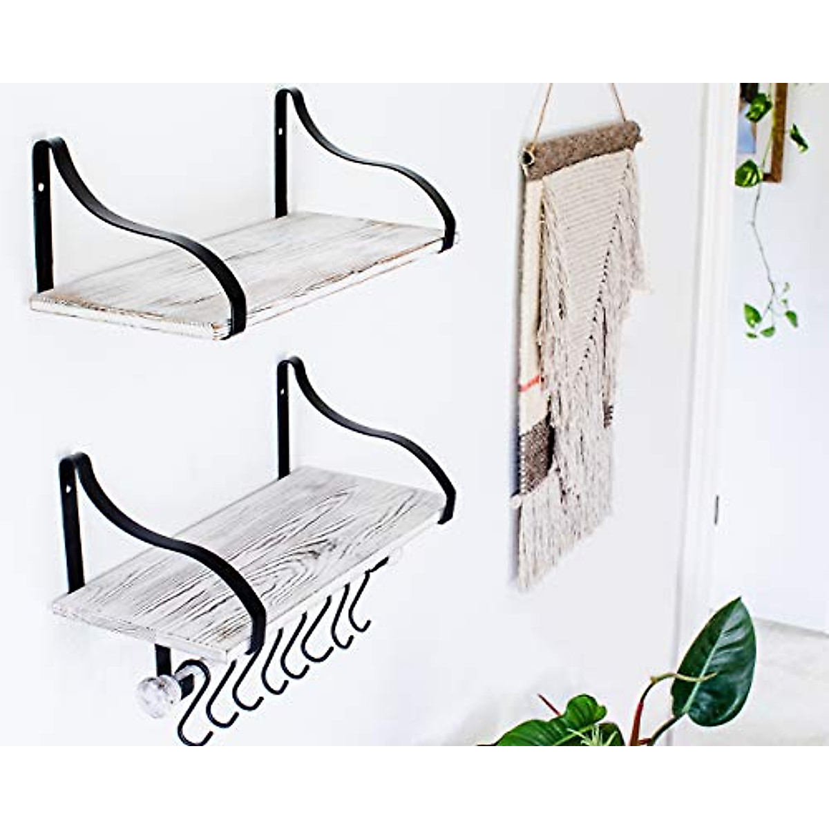 Wall Mounted Floating Spice Shelves with Towel Bar and Removable Hooks, Solid Wood, Rustic Shelving Storage, for Kitchens, Bathrooms and More, Farmhouse Wall Décor, 16.75” Long x 7.5” (White Washed)