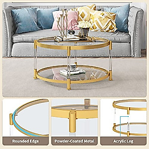OIOG 2 Tier Coffee Table with Acrylic Legs，32.3" Wide Round Coffee Table with Glass Top, Modern Center Table for Living Room, Studio Apartment，Glass/Gold